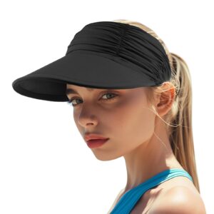 koreshion women's sun visor hat wide brim summer upf 50+ uv protection visor hat adjustable beach golf sport visor cap black