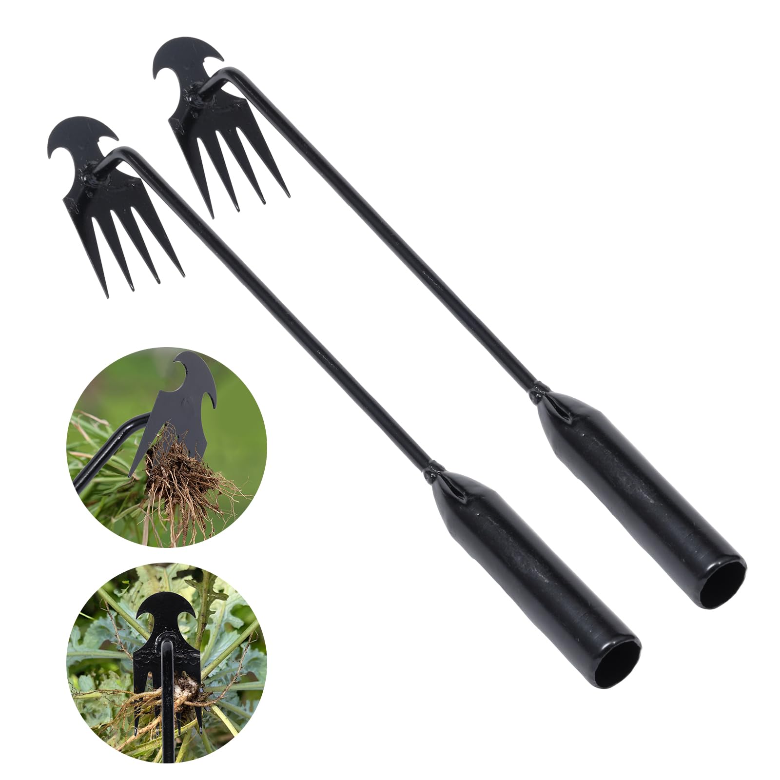 Young4us Garden Weed Pulling Tool Uprooting Weeding Tool, 4 Teeth Weed Puller Tool Manganese Steel Garden Weeder Tool for Vegetable Gardening Planting (Black, 2 Pack, 16 inches)