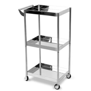 johgee 3 shelf mirror stainless steel utility cart, 3 tier stainless steel cart with wheels with handle, serving car, rolling medical cart for salon, spa, lab, dental clinic, lab, hospital