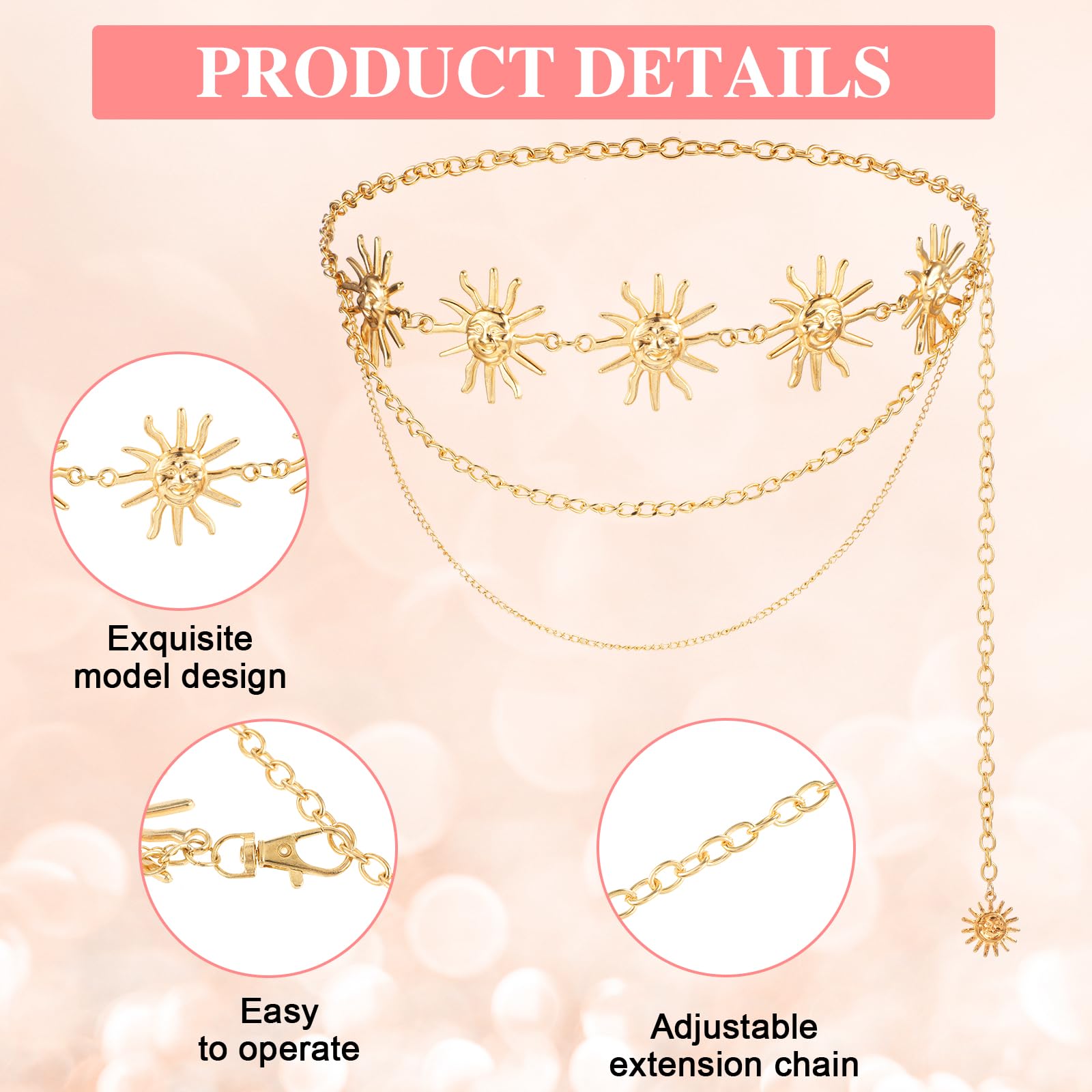 Andibro Cool Sun Multilayer Waist Chain Belt, Metal Sun Pendant Waist Belt Skinny Belts for Jean Pants Dress(gold sun)