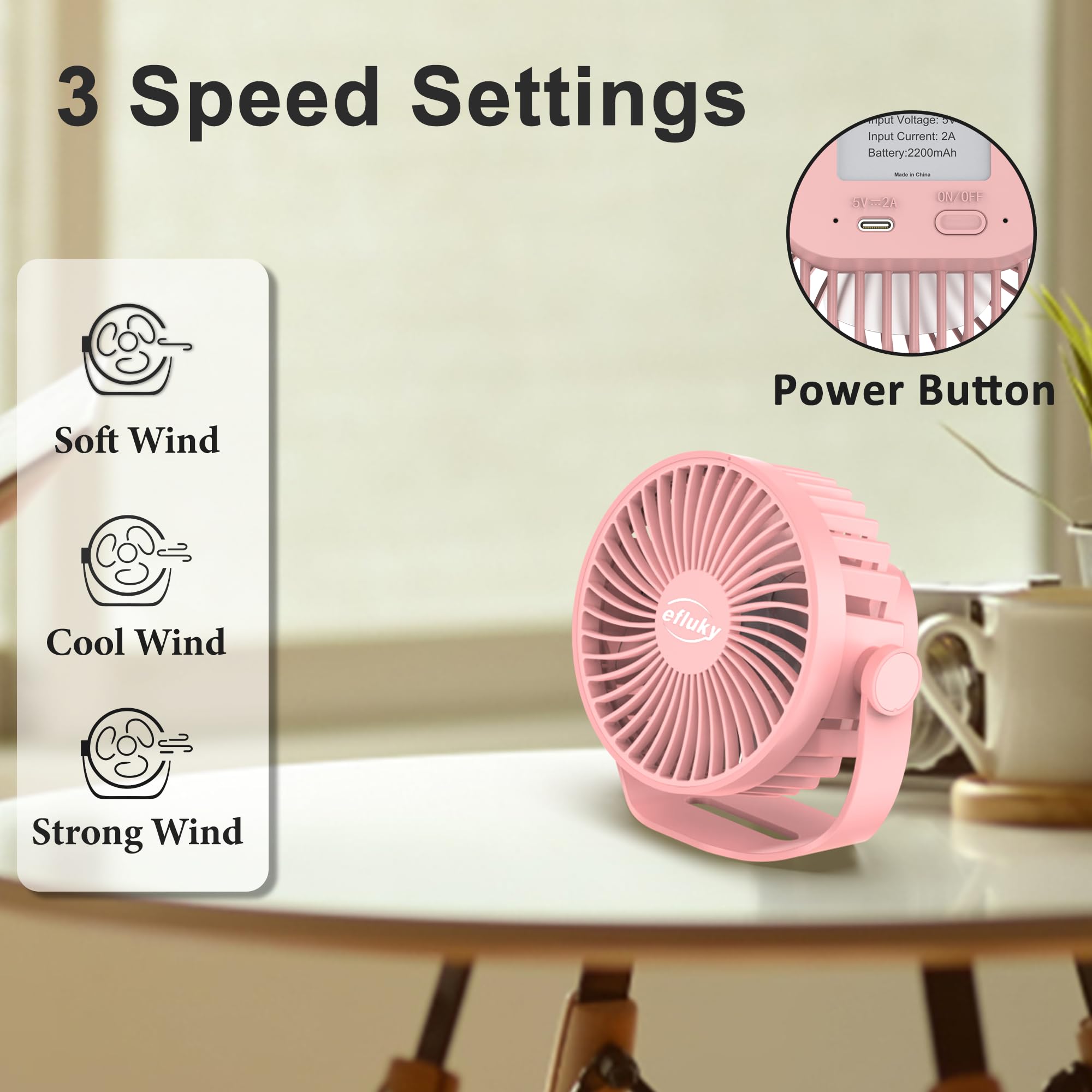 efluky USB Small Desk Fan, 3 Speeds USB Rechargeable Fan Built-in Battery, 360° Adjustment Portable Mini Fan Suitable for Home, Office and Travel, Pink