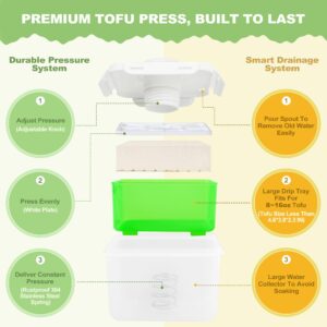 Pavsrmy Tofu Press, Upgrade Adjustable Tofu Press Dishwasher Safe, Large Vegan Tofu Presser Drainer with Drip Tray, Speed Up Removing Water from Firm/Extra Firm Tofu Without Crack to Improve Taste