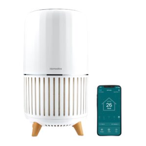 homedics smart air purifier 4-in-1 tower for large rooms, up to 1570 sq ft, true hepa filtration, uv-c technology, activated carbon odor filter, reduces bacteria, virus, vocs, wi-fi and voice control