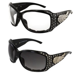 rodeo queen angel plus padded motorcycle sunglasses womens 2 pair black frame rhinestone sunglasses w/silver wing accent clear & gradient smoke lenses