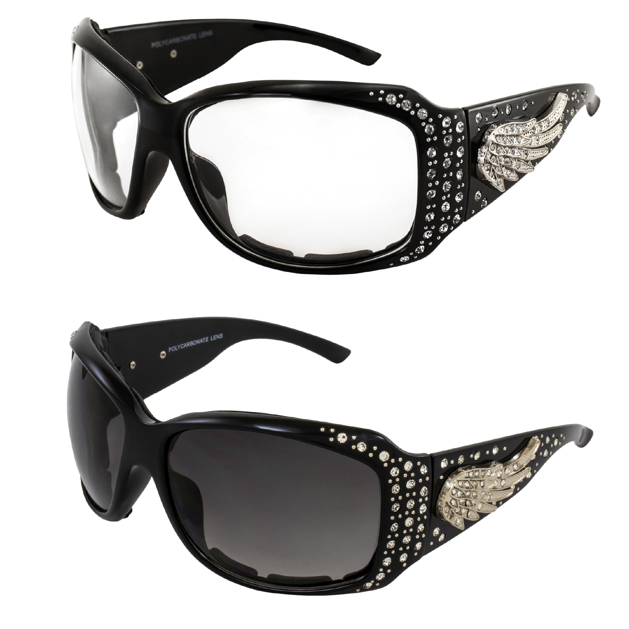 Rodeo Queen Angel Plus Padded Motorcycle Sunglasses Womens 2 Pair Black Frame Rhinestone Sunglasses w/Silver Wing Accent Clear & Gradient Smoke Lenses