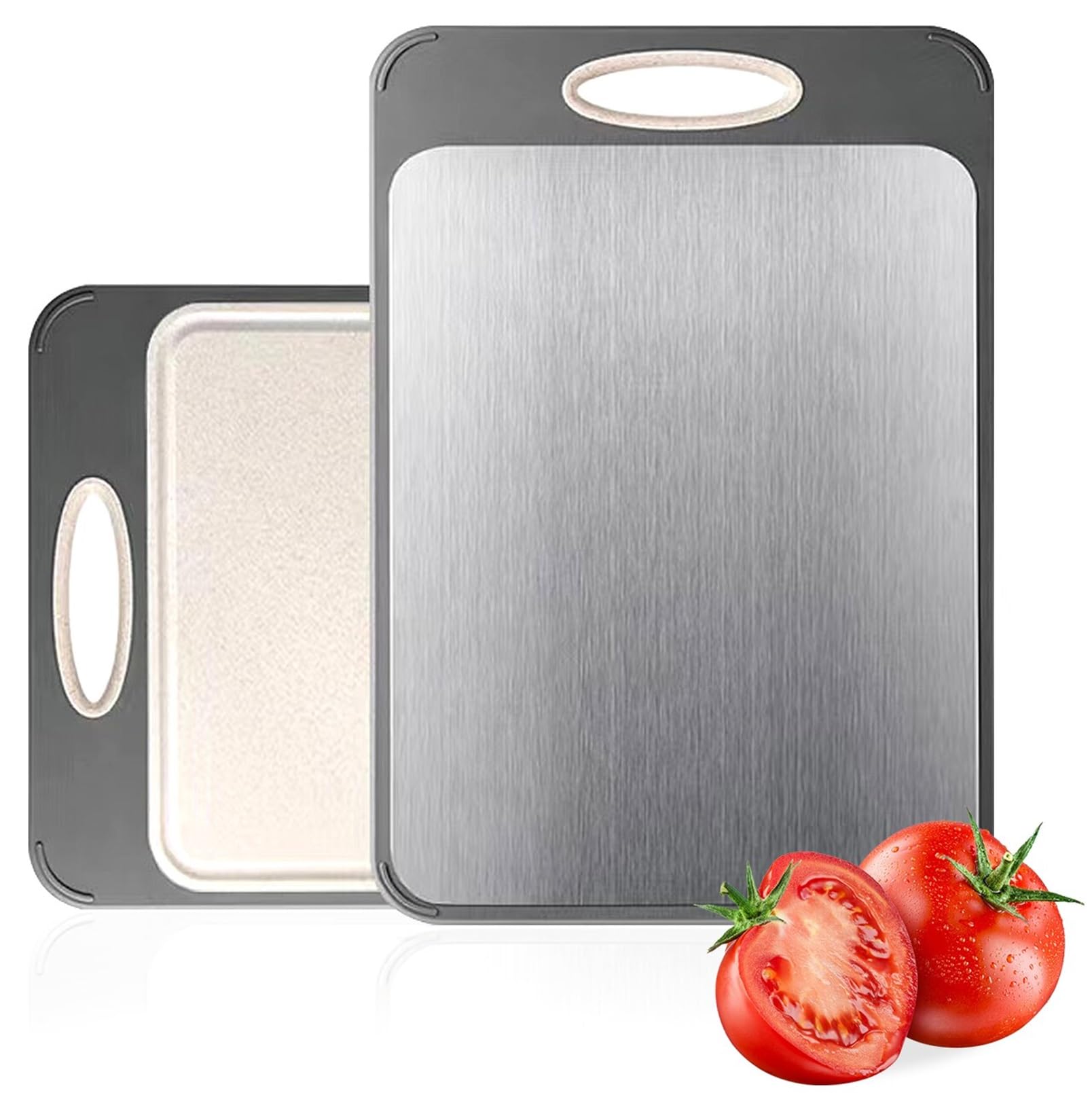 Cutting Board Double Sided,Large Stainless Steel Cutting Boards,Wheat Straw Cutting Boards for Kitchen,for Meat, Veggies, Fruits, with Easy Grip Handle,Dishwasher Safe (1, Large)