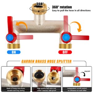 Brass Garden Hose Splitter, 3/4" Hose Splitter 2 Way Heavy Duty with Extension Handles, Outdoor Faucet Splitter Water Spigot Splitter with Individual On/Off Valve (2 Way Hose Splitter)