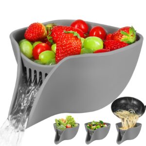 Advantez Multifunctional Drain Basket,2.4 QT Small Colander Bowl with Spout for 1.5-3 QT, Silicone Food Pasta Berry Sink Strainer for Washing Fruits and Vegetables Salad, Dishwasher Safe(Grey)