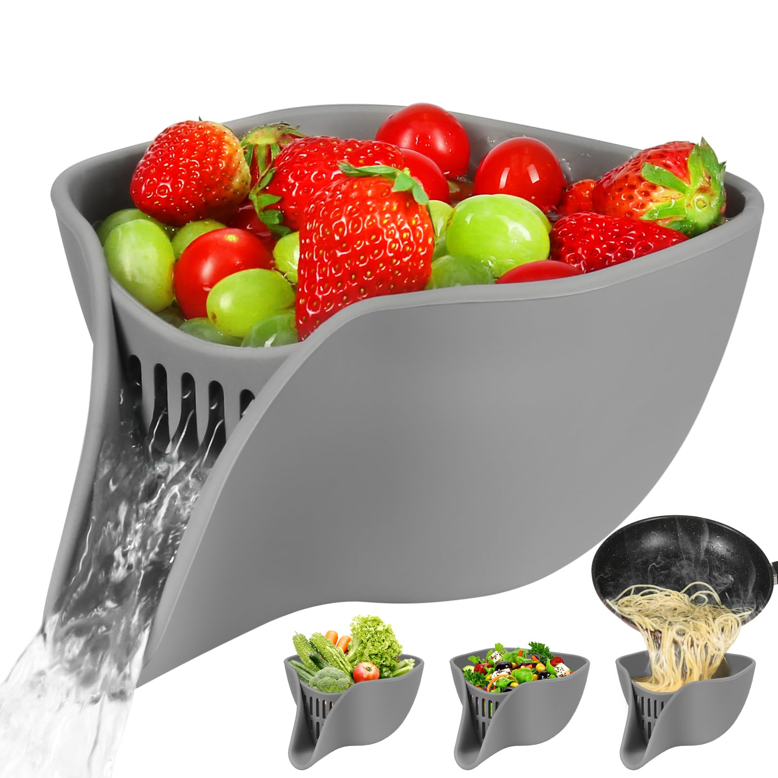 Advantez Multifunctional Drain Basket,2.4 QT Small Colander Bowl with Spout for 1.5-3 QT, Silicone Food Pasta Berry Sink Strainer for Washing Fruits and Vegetables Salad, Dishwasher Safe(Grey)