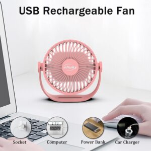 efluky USB Small Desk Fan, 3 Speeds USB Rechargeable Fan Built-in Battery, 360° Adjustment Portable Mini Fan Suitable for Home, Office and Travel, Pink