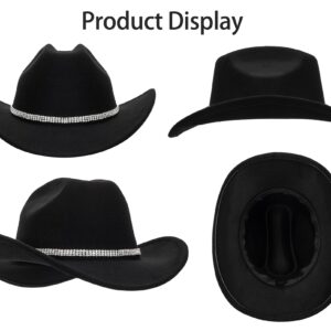 INOGIH Classic Black Western Felt Roll-Up-Brim Cowboy-Hat for Women Men - Bling Cowgirl-Hat Felt Fedora for Disco Parties