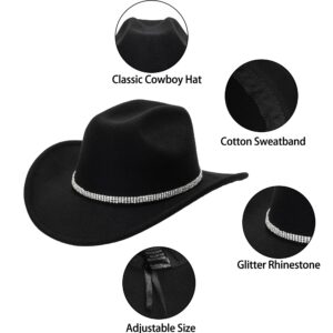 INOGIH Classic Black Western Felt Roll-Up-Brim Cowboy-Hat for Women Men - Bling Cowgirl-Hat Felt Fedora for Disco Parties