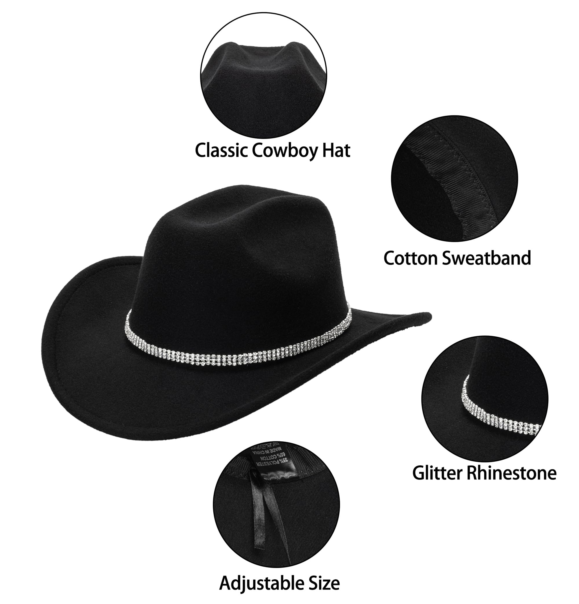 INOGIH Classic Black Western Felt Roll-Up-Brim Cowboy-Hat for Women Men - Bling Cowgirl-Hat Felt Fedora for Disco Parties