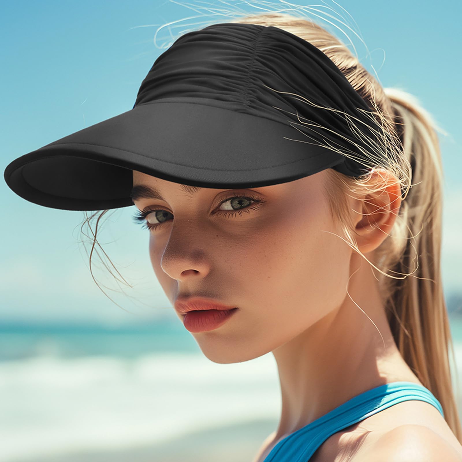 Koreshion Women's Sun Visor Hat Wide Brim Summer UPF 50+ UV Protection Visor Hat Adjustable Beach Golf Sport Visor Cap Black