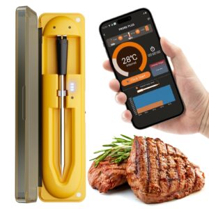 wireless meat thermometer with 493ft long wireless range, instant read digital food thermometer, smart app control, charging dock, kitchen thermometer for roast, oven, grill, bbq, smoker, rotisserie