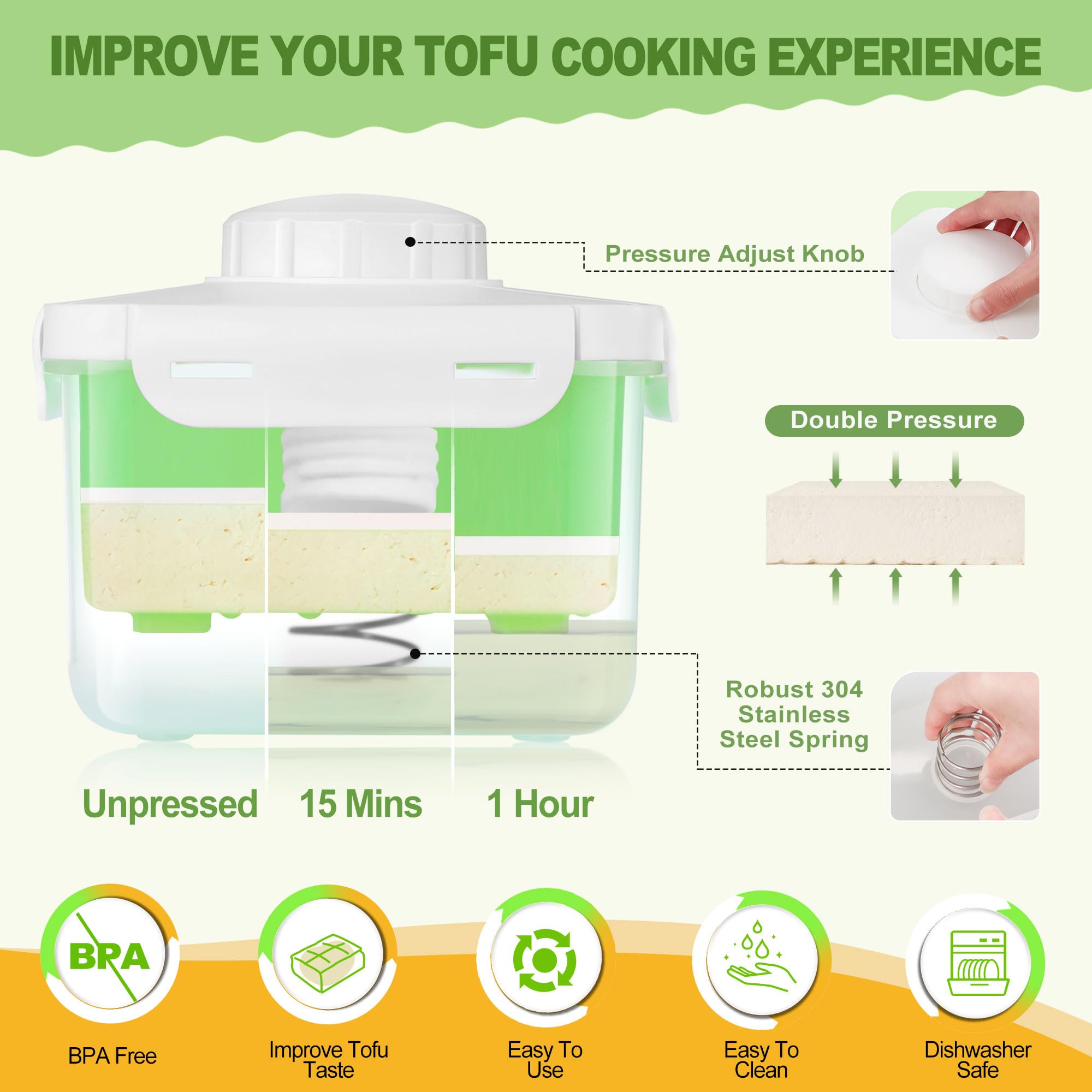 Pavsrmy Tofu Press, Upgrade Adjustable Tofu Press Dishwasher Safe, Large Vegan Tofu Presser Drainer with Drip Tray, Speed Up Removing Water from Firm/Extra Firm Tofu Without Crack to Improve Taste