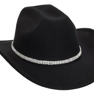 INOGIH Classic Black Western Felt Roll-Up-Brim Cowboy-Hat for Women Men - Bling Cowgirl-Hat Felt Fedora for Disco Parties