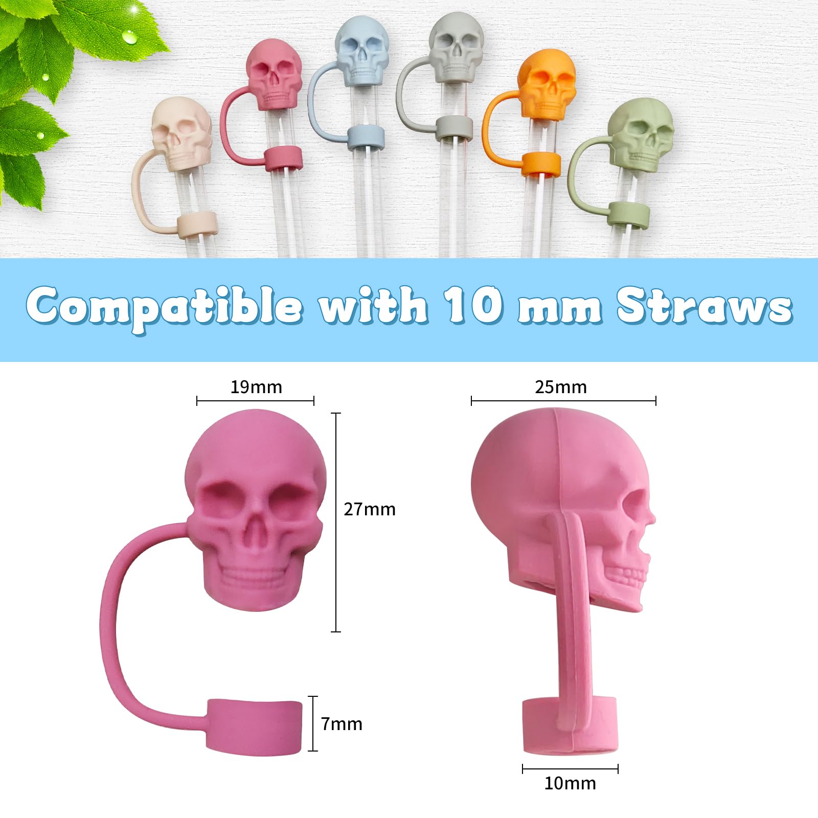 6 PCS Cute Skull Straw Covers Cap for Stanley Cup 30 40 oz, 10mm 0.4in Silicone Reusable Drinking Straw Toppers, Funny Tumbler Accessories for Halloween Christmas Gifts