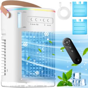 temeike 4-in-1 personal air conditioner w/remote, 2 ice packs, 1200ml tank, 7h timer for smart auto-off,2 cool mist,3-speed small portable air conditioner, 7-led light evaporative air cooler for room