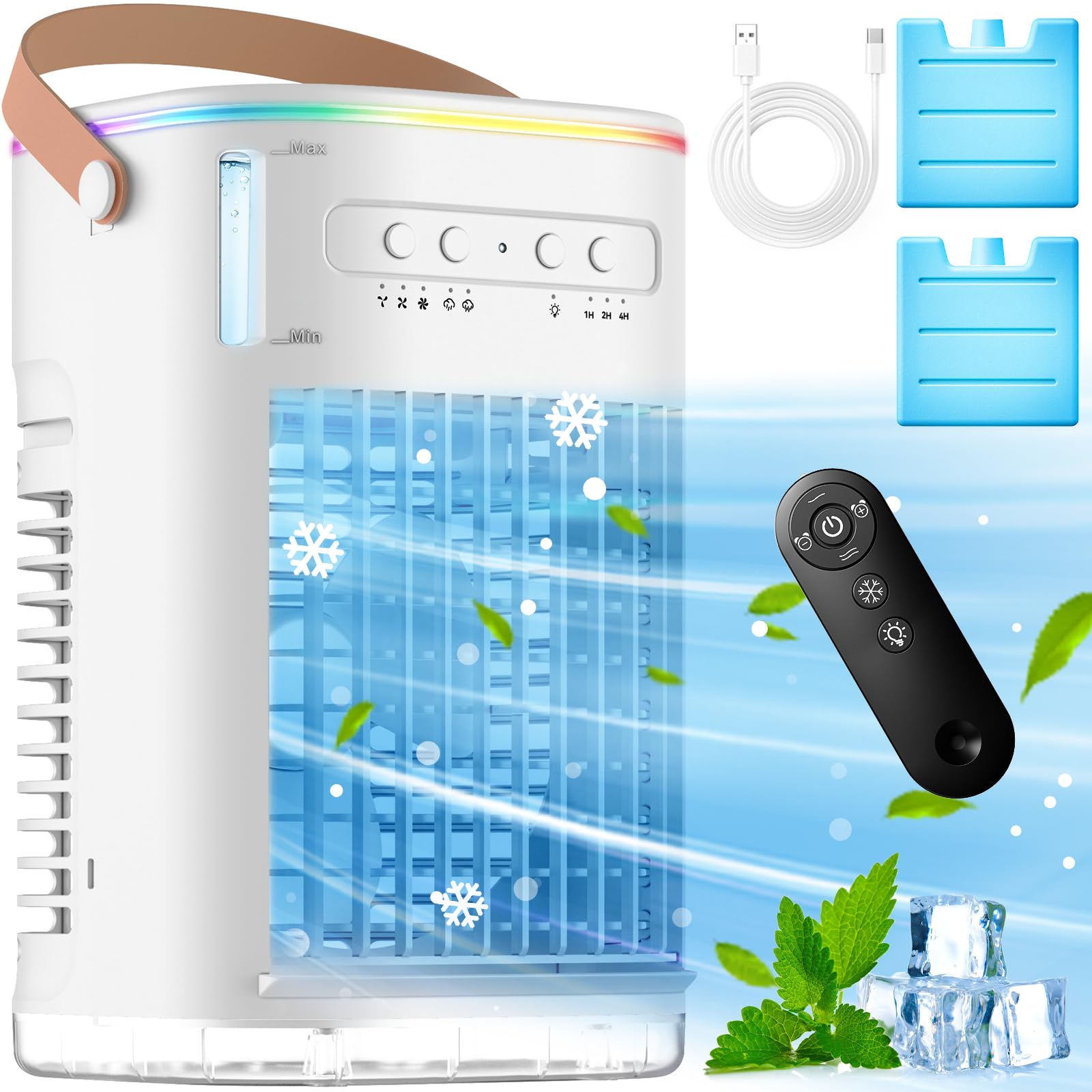 TEMEIKE 4-IN-1 Personal Air Conditioner w/Remote, 2 Ice Packs, 1200ML Tank, 7H Timer for Smart Auto-Off,2 Cool Mist,3-Speed Small Portable Air Conditioner, 7-LED Light Evaporative Air Cooler for Room