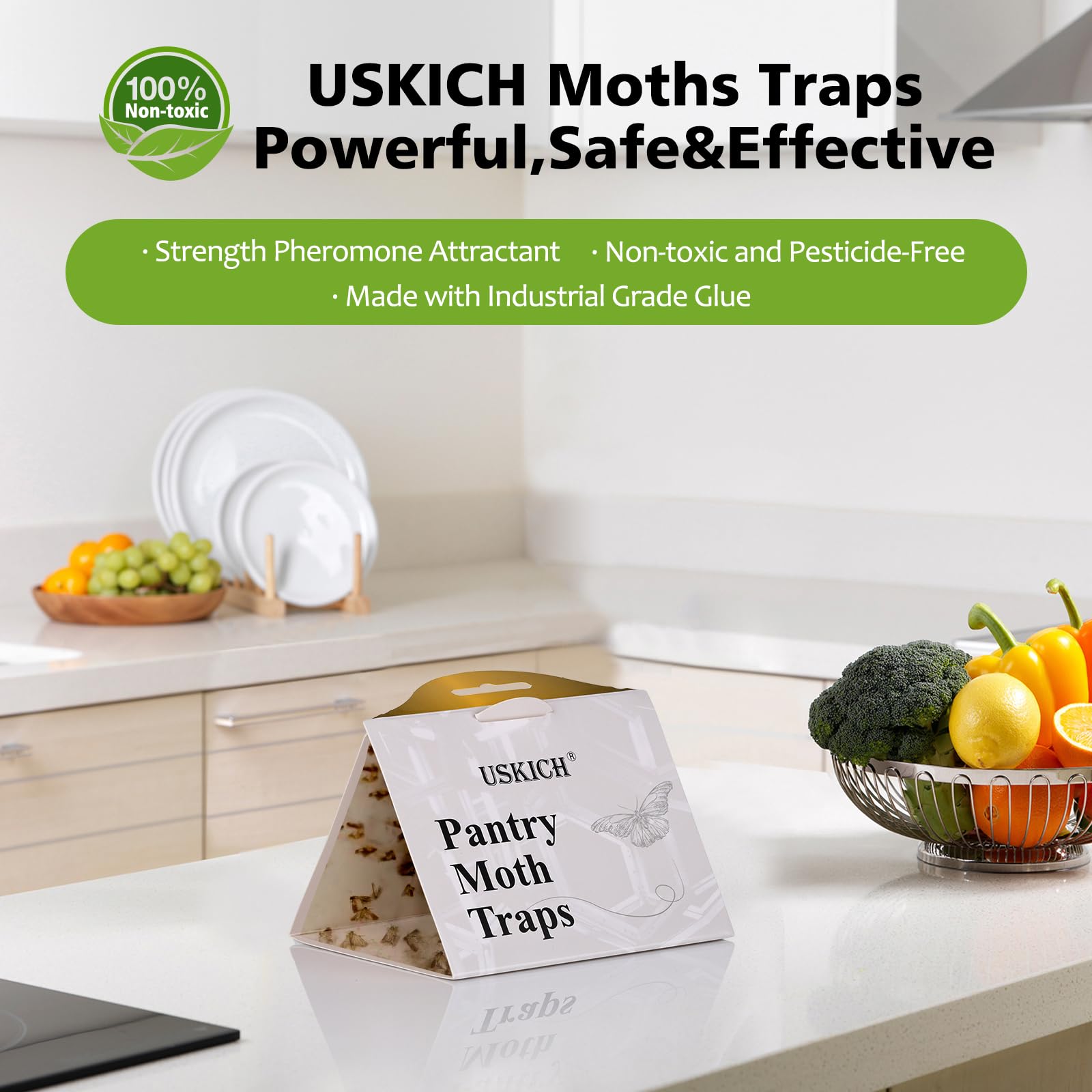 USKICH Pantry Moth Traps with Strength Pheromones Moths Killer Safe and Effective for Food and Cupboard Non-Toxic Sticky Glue Trap for Pantry Pests-10Pack