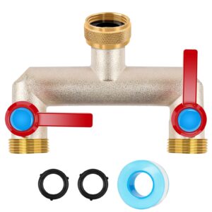 brass garden hose splitter, 3/4" hose splitter 2 way heavy duty with extension handles, outdoor faucet splitter water spigot splitter with individual on/off valve (2 way hose splitter)