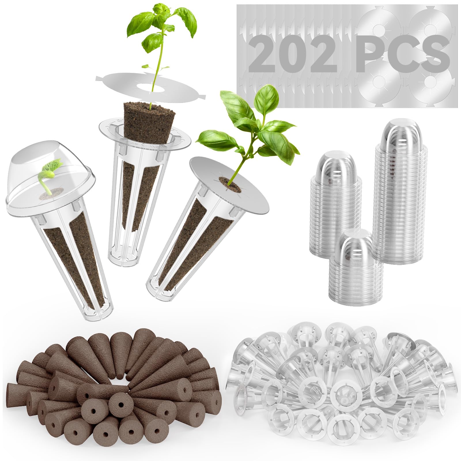 Fungiworks 202pcs Hydroponic Pods Kit for AeroGarden, Ahopegarden Garden Hydroponic Growing System Aero Seed Pods Kit Includes 50 Grow Sponges, 50 Grow Baskets, 50 Grow Domes, and 52 Stickers