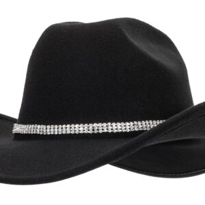 INOGIH Classic Black Western Felt Roll-Up-Brim Cowboy-Hat for Women Men - Bling Cowgirl-Hat Felt Fedora for Disco Parties