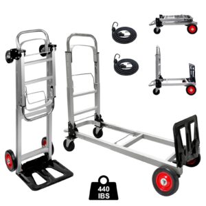 aluminum folding hand truck,440 lbs heavy duty 2 in 1 convertible hand truck dolly with pneumatic wheels,telescopic handles and 2 elastic ropes collapsible hand cart for luggage moving warehouse