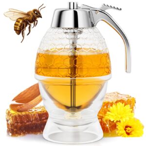 honey dispenser no drip glass, maple syrup dispenser, honey jar with stand, 8 oz beautiful honey comb shaped honey pot, perfect bee decoration for home kitchen