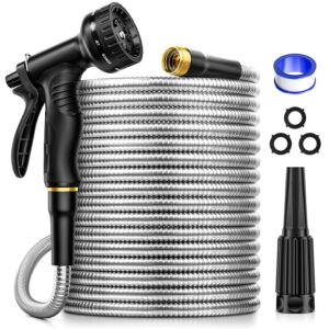 garden hose jtthkk water hose 75 ft - 304 stainless steel metal hose with 10 function nozzles, no-kink, rust proof, easy to store, heavy duty garden hose for yard, lightweight outdoor hose