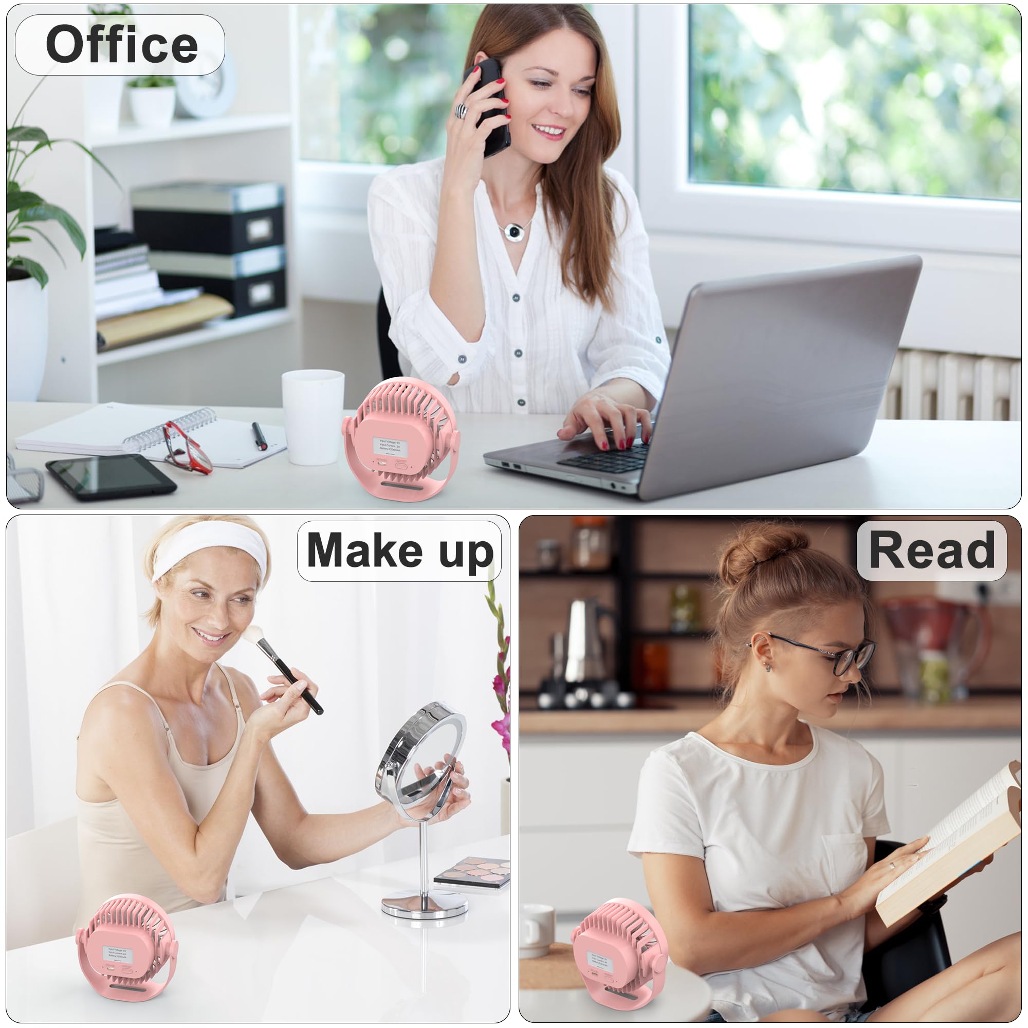 efluky USB Small Desk Fan, 3 Speeds USB Rechargeable Fan Built-in Battery, 360° Adjustment Portable Mini Fan Suitable for Home, Office and Travel, Pink