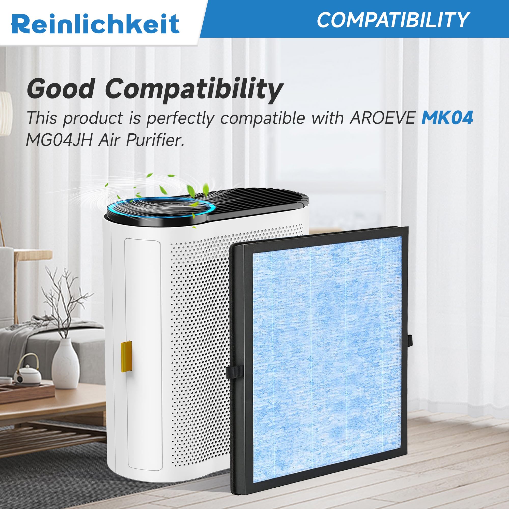 Reinlichkeit MK04 AIR Replacement Filter Compatible with Aroeve MK04 MG04JH, H13 True HEPA Filter, Compare to Part MK04LX, 2 Packs, Blue