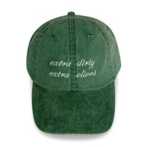 valdesigns extra dirty, extra olives washed out green baseball cap with cursive white embroidery on the front | martini lovers, drink enthusiasts, funny outdoor hat