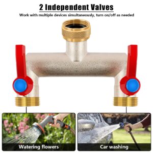 Brass Garden Hose Splitter, 3/4" Hose Splitter 2 Way Heavy Duty with Extension Handles, Outdoor Faucet Splitter Water Spigot Splitter with Individual On/Off Valve (2 Way Hose Splitter)