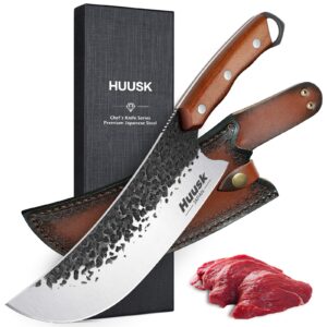 huusk butcher knife for meat cutting, meat cleaver knife heavy duty with sheath, hand forged cooking knife with full tang handle for kitchen or bbq, gift for dad