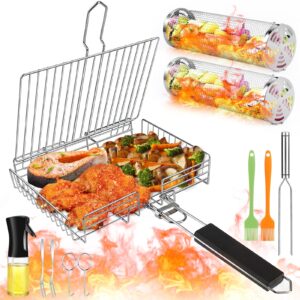 grill basket,11pcs rolling grill baskets for outdoor grill with barbeque grilling accessories,stainless steel barbecue folding grill basket with handle,brush,portable bbq camping for fish,shrimp,vegetables,birthday gifts for men dad