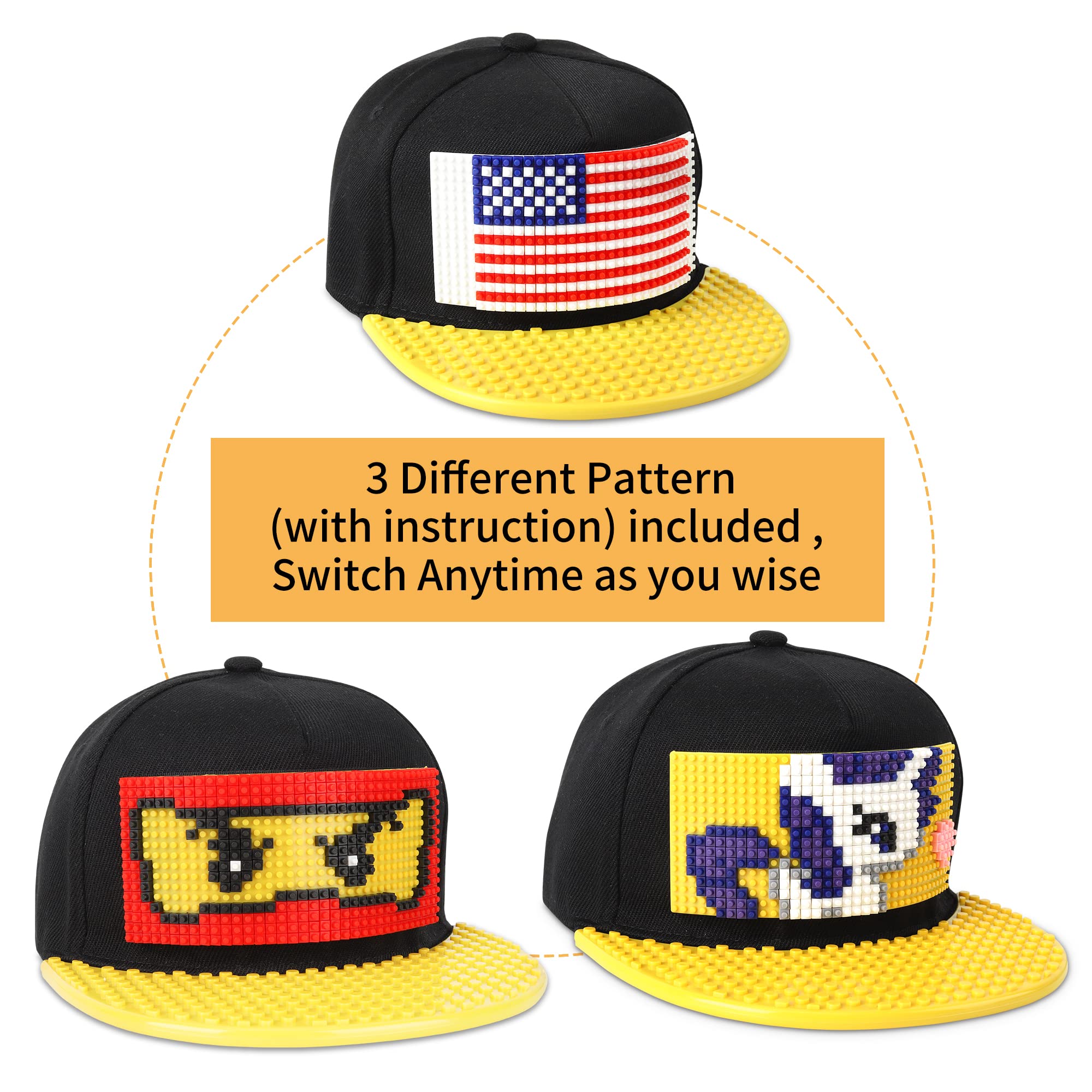 Yanscian Snapback Hat Flat Bill Baseball Cap Building Block American US Flag for Kids & Adults Black…