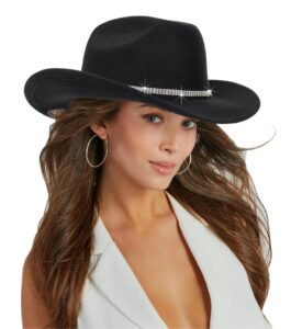 inogih classic black western felt roll-up-brim cowboy-hat for women men - bling cowgirl-hat felt fedora for disco parties