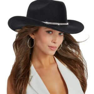 INOGIH Classic Black Western Felt Roll-Up-Brim Cowboy-Hat for Women Men - Bling Cowgirl-Hat Felt Fedora for Disco Parties