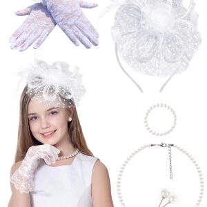 5 Pack White Fascinator for Gril Tea Party Headband Derby Hat Lace Gloves ewelry Pearl Bracelet Earrings Set for 1920s Party