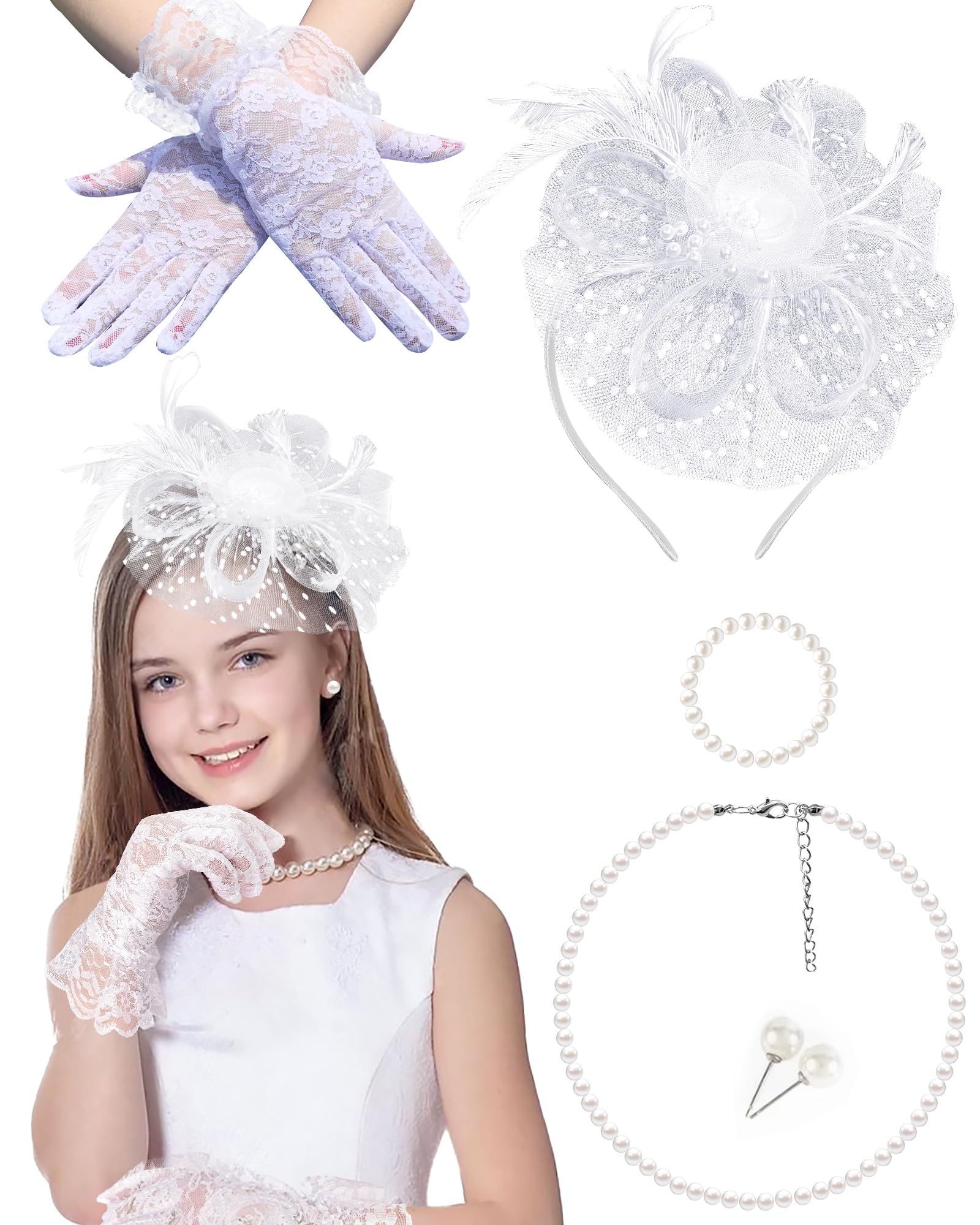 5 Pack White Fascinator for Gril Tea Party Headband Derby Hat Lace Gloves ewelry Pearl Bracelet Earrings Set for 1920s Party