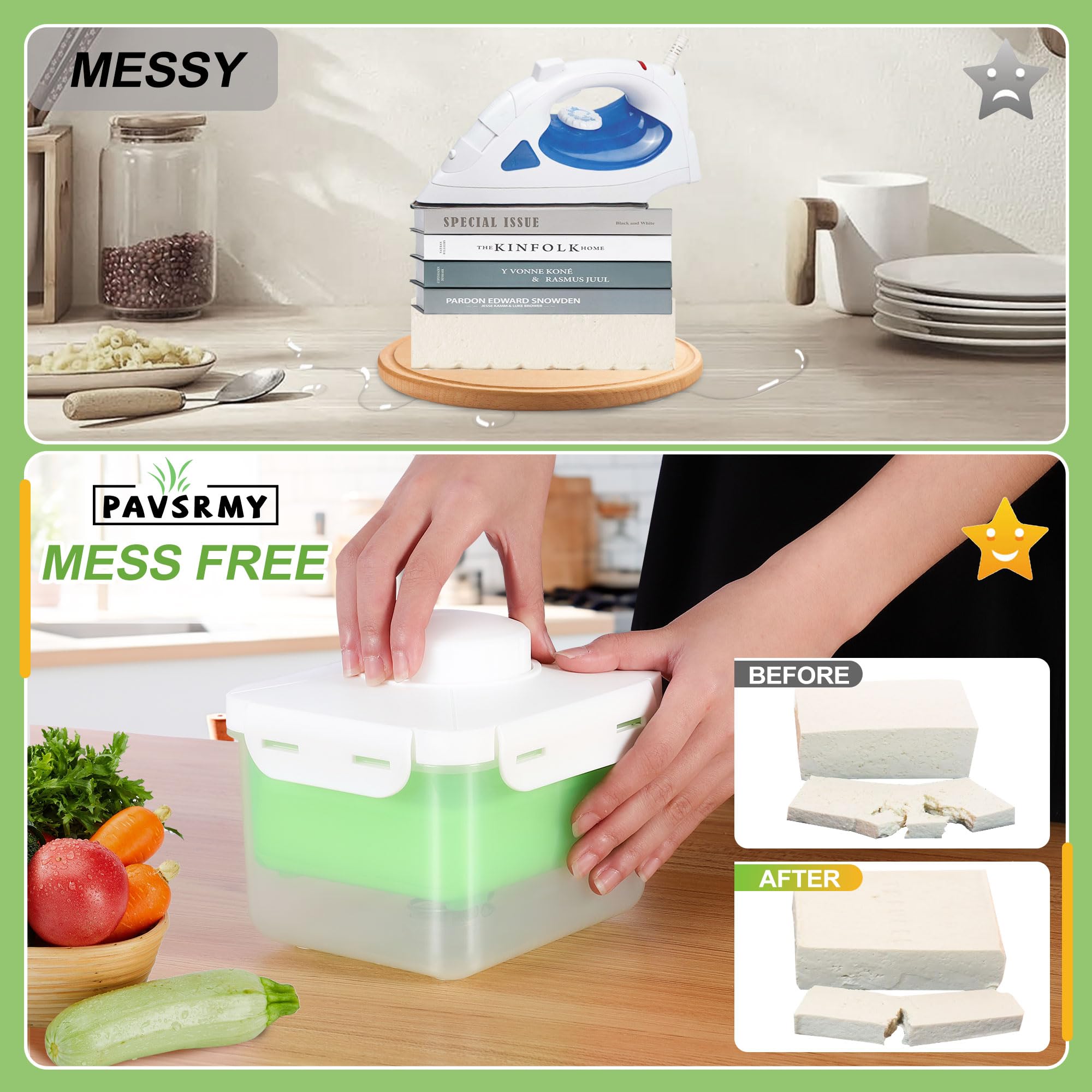 Pavsrmy Tofu Press, Upgrade Adjustable Tofu Press Dishwasher Safe, Large Vegan Tofu Presser Drainer with Drip Tray, Speed Up Removing Water from Firm/Extra Firm Tofu Without Crack to Improve Taste