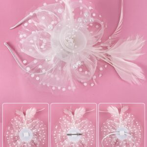 5 Pack White Fascinator for Gril Tea Party Headband Derby Hat Lace Gloves ewelry Pearl Bracelet Earrings Set for 1920s Party