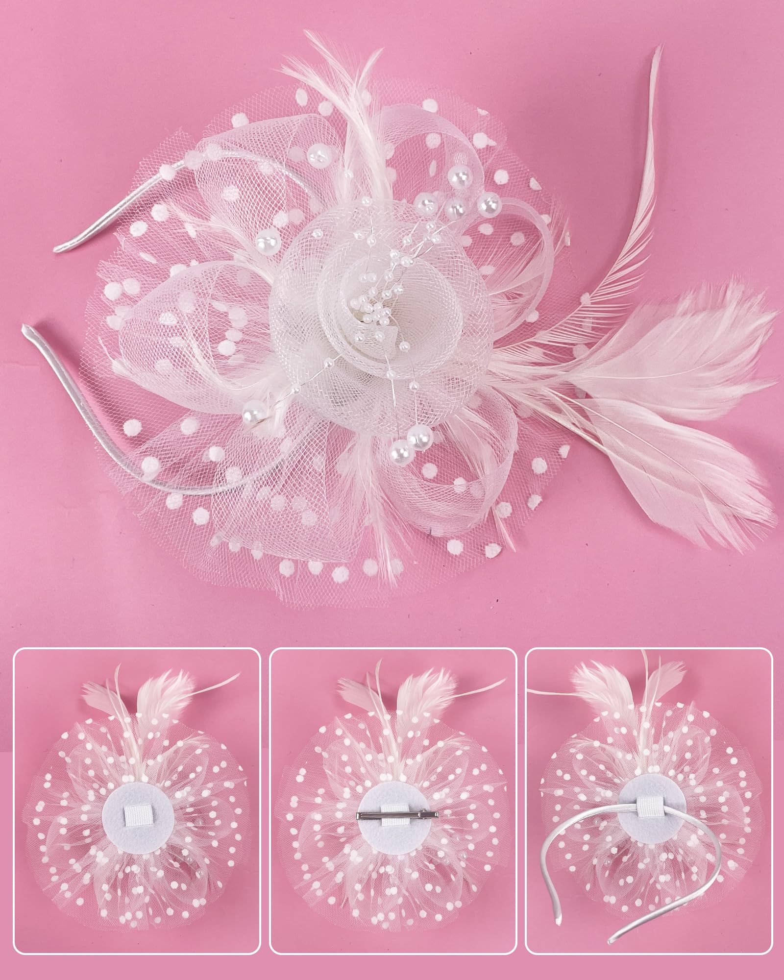 5 Pack White Fascinator for Gril Tea Party Headband Derby Hat Lace Gloves ewelry Pearl Bracelet Earrings Set for 1920s Party