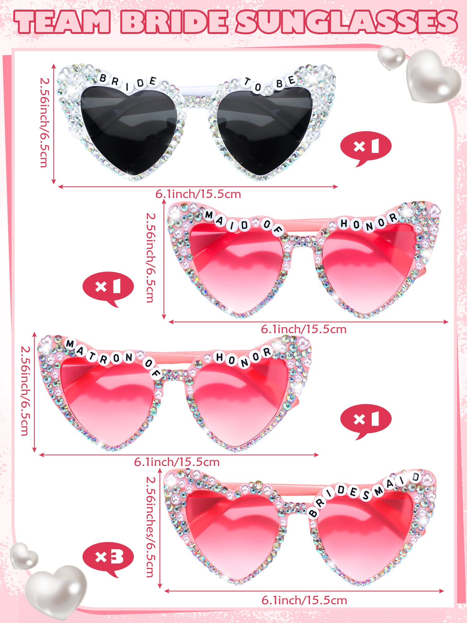 Mootycapa 6 Pcs Bride Sunglasses Bachelorette Sunglasses Party Favors for Bridesmaids for Wedding Party Bride to Be Gifts(White, Pink, Bridesmaid)