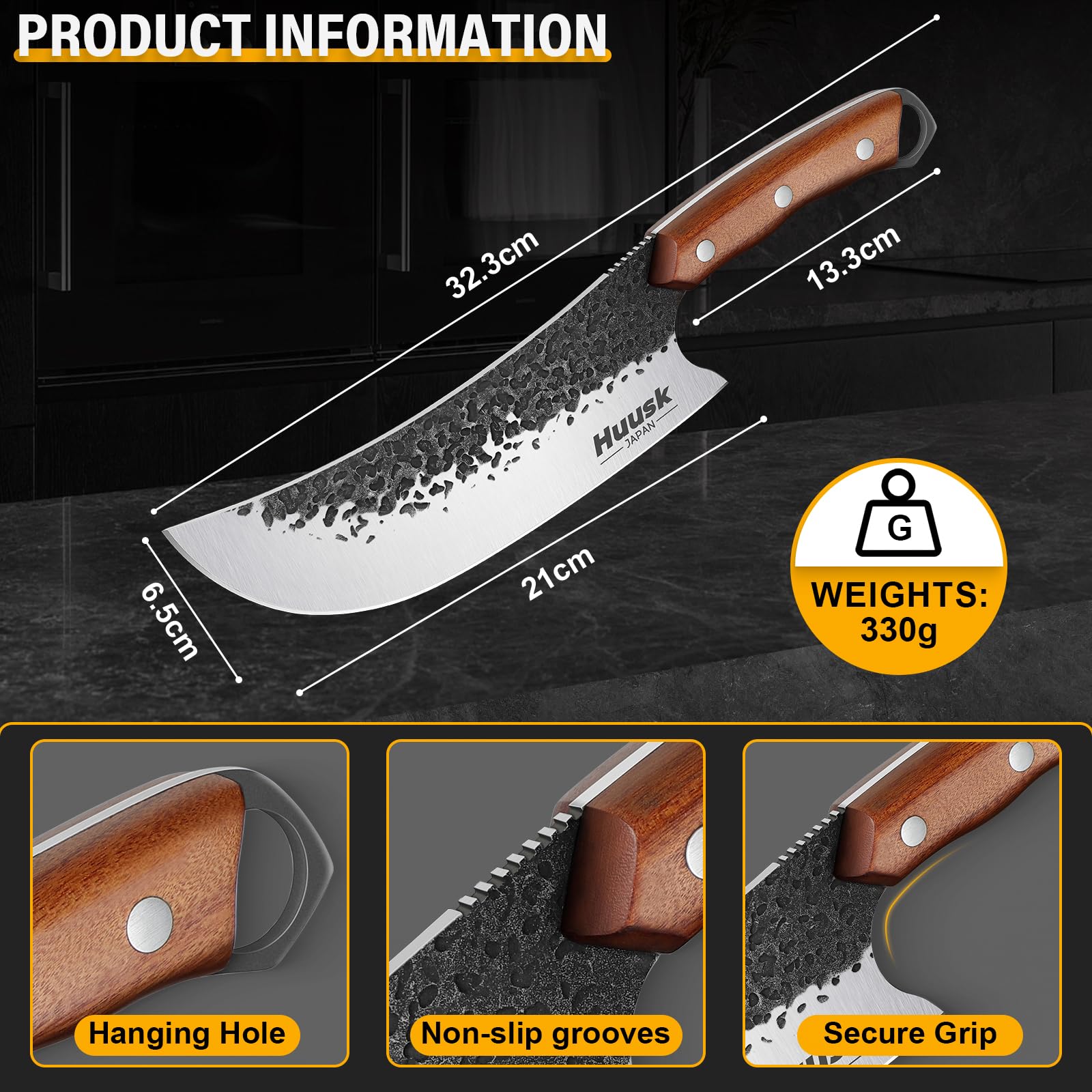 Huusk Butcher Knife for Meat Cutting, Meat Cleaver Knife Heavy Duty with Sheath, Hand Forged Cooking Knife with Full Tang handle for Kitchen or BBQ, Gift for Dad