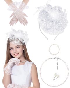 5 pack white fascinator for gril tea party headband derby hat lace gloves ewelry pearl bracelet earrings set for 1920s party