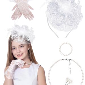 5 Pack White Fascinator for Gril Tea Party Headband Derby Hat Lace Gloves ewelry Pearl Bracelet Earrings Set for 1920s Party