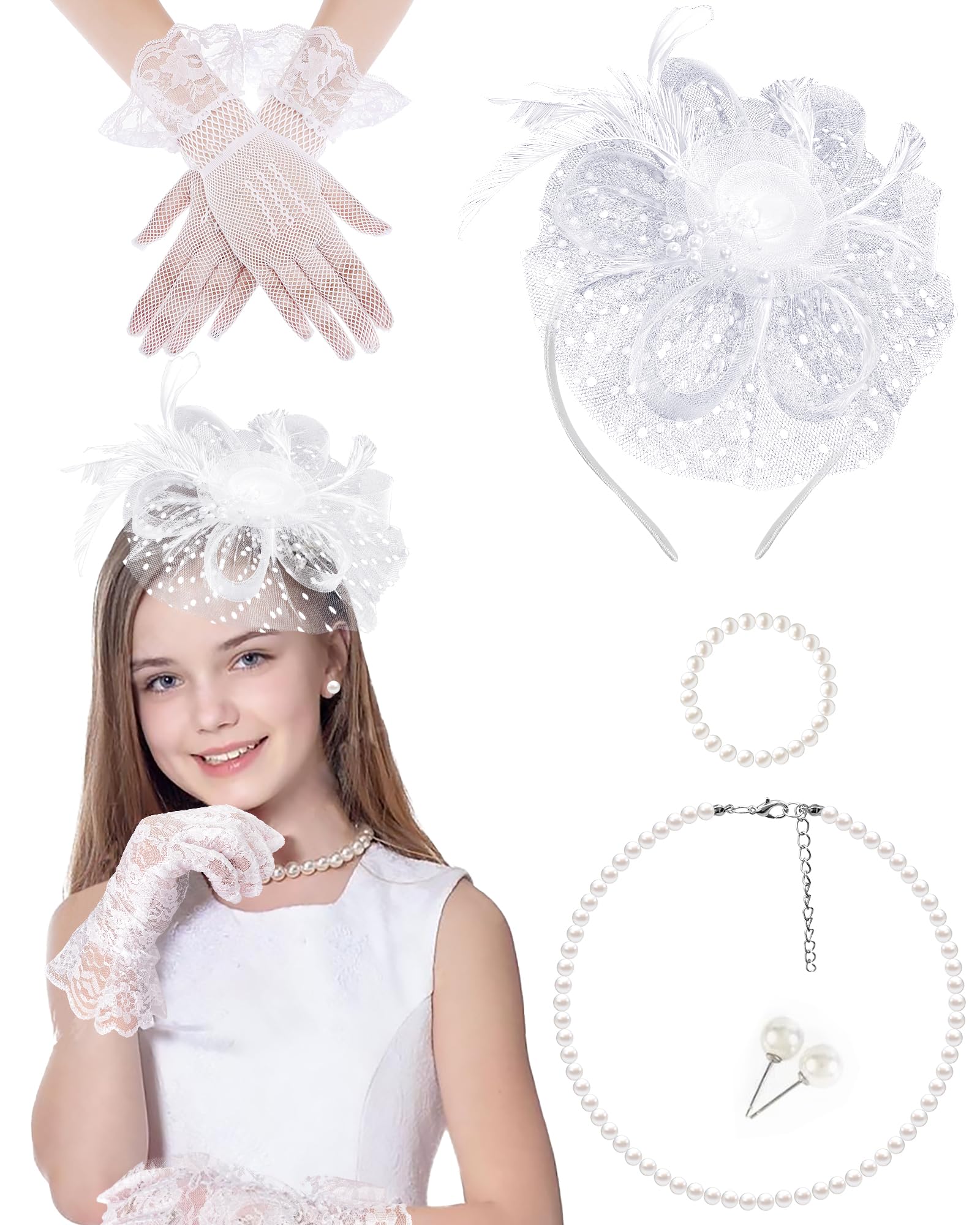 5 Pack White Fascinator for Gril Tea Party Headband Derby Hat Lace Gloves ewelry Pearl Bracelet Earrings Set for 1920s Party